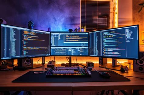 A Workstation With A Desk Featuring Two Computer Monitors And A Keyboard An Engineer S Work
