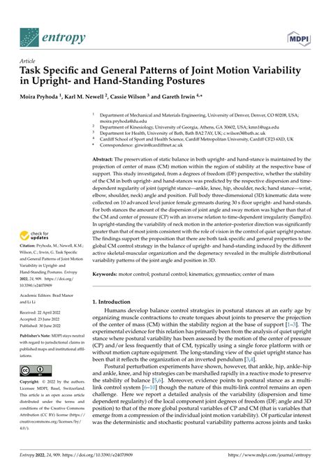 Pdf Task Specific And General Patterns Of Joint Motion Variability In Upright And Hand