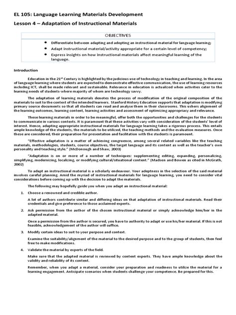 Lesson 4 Task 4 Adaptation Of Instructional Materals Pdf