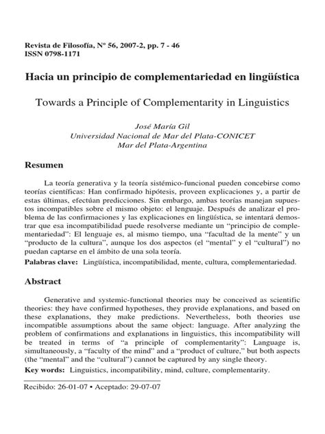 Hacia Un Principio De Complementariedad En Linguística Pdf Dialecto Teoría