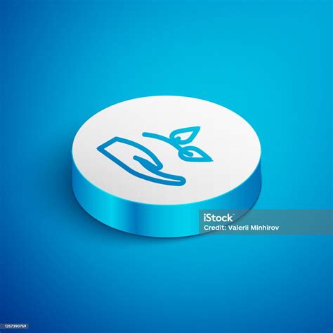 파란색 배경에 고립 된 환경 보호 아이콘의 손에 등색 라인 잎 종묘와 묘목 묘목을 심는다 생태 개념 흰색 원 버튼 벡터 3차원