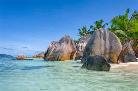 아름다운 열대 해변 안세 소스 Dargent 조각 화강암 바위와 야자수 라 디그 섬 세이셸 인도양 제도 0명에 대한 스톡 사진 및 기타 이미지 Istock