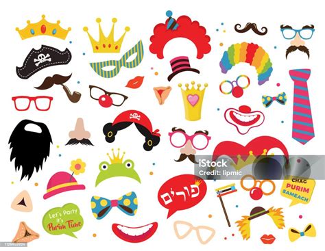 유태인 휴일 푸 림 마스크와 전통적인 소품 디자인 벡터 일러스트 레이 션벡터히브리어에서 행복 푸 림 인사말 부림절에 대한 스톡 벡터 아트 및 기타 이미지 Istock