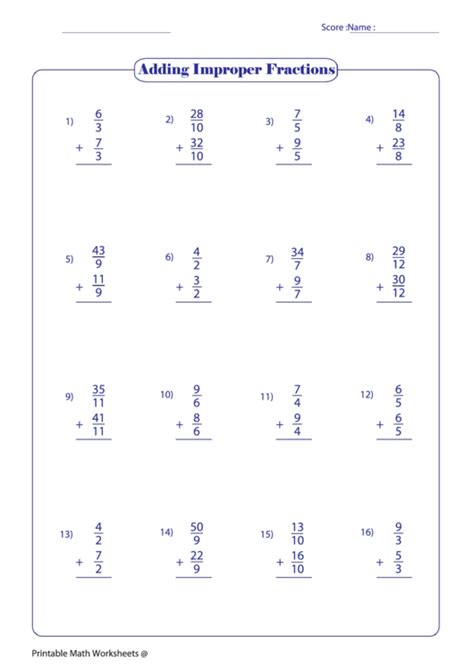 Adding Improper Fractions Printable Pdf Download