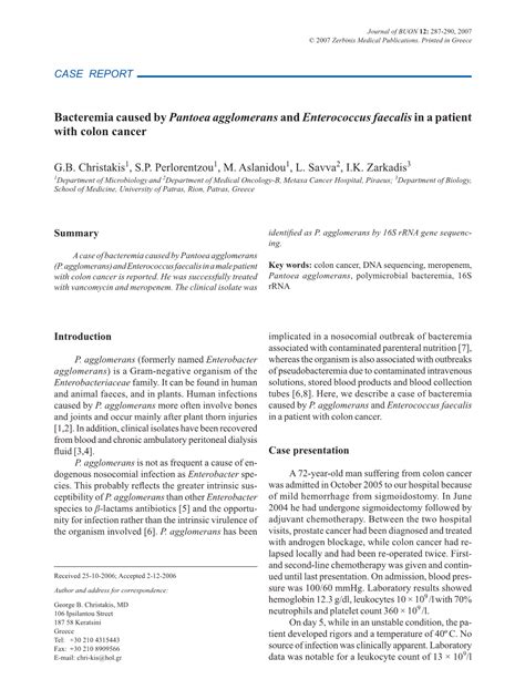 Bacteremia Caused By Pantoea Agglomerans And Enterococcus Faecalis In A Patient With Colon
