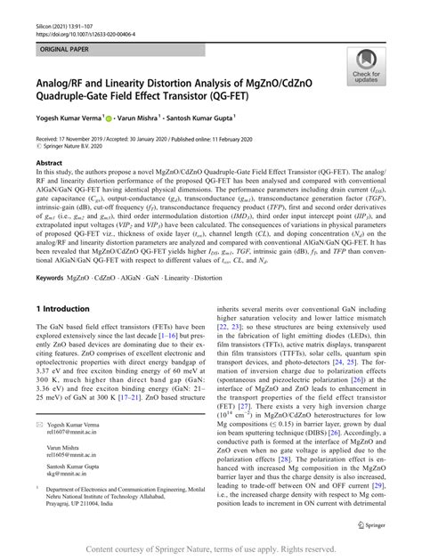 Analogrf And Linearity Distortion Analysis Of Mgznocdzno Quadruple Gate Field Effect