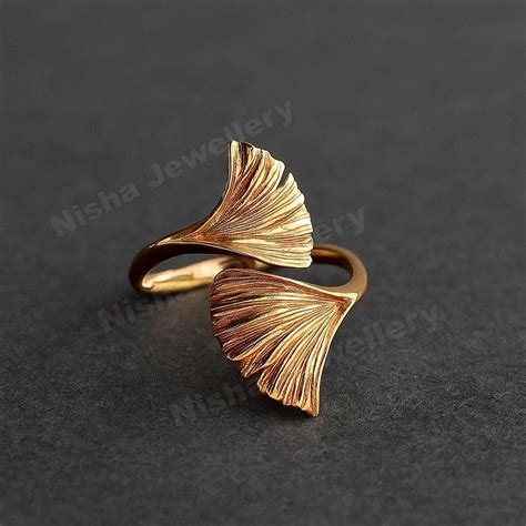 925 Sterling Silver Ginkgo Leaf Ring Adjustable Nature Jewelry