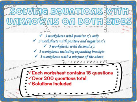 Solving Equations With Unknowns On Both Sides Differentiated Worksheets Teaching Resources