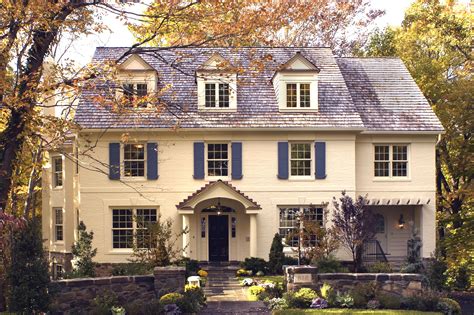 Colonial House White Siding Stone Brick Blue Shutters Windows