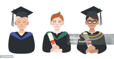 졸업 가운과 모자를 쓴 남학생들의 초상화 손에 졸업장을 든 남학생 플랫 스타일의 그림 교육에 대한 스톡 벡터 아트 및 기타 이미지 교육 눈금 실린더 대학교 Istock