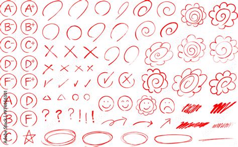 Hand Drawn Grading Symbols Vector Set With Circles Crosses Check Marks Stars And Alphabet