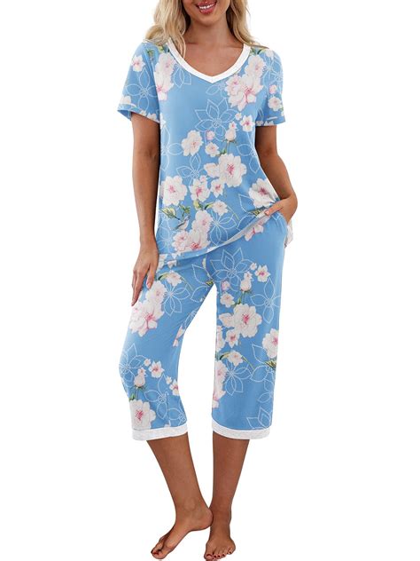 Womens Cotton Pajamas Pjs Set Short Sleeve Sleepwear Tops With Capri