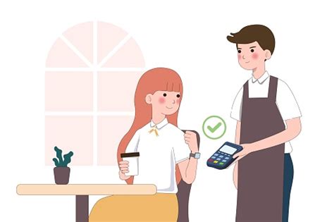 고객은 모바일 무현금 결제 시스템을 사용하거나 Qr 코드를 스캔합니다 스마트워치에서 가상 신용카드를 사용하는 캐릭터 Pos 단말기와 Nfc 기술로 직접 결제하세요 벡터