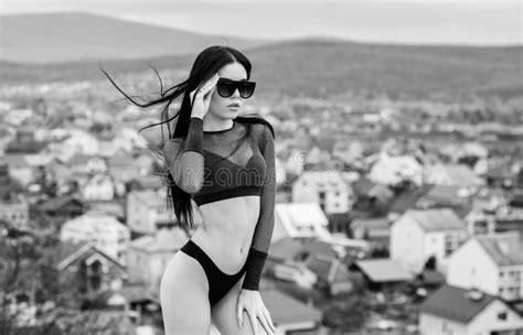 Girl Attractive Body Posing Landscape Background Woman Wear Sunglasses