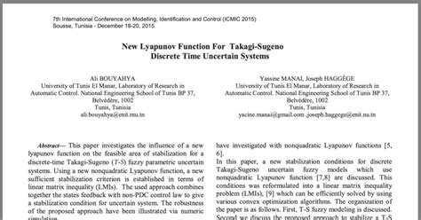 Pdf New Lyapunov Function For Takagi Sugeno Discrete Time Uncertain Systems