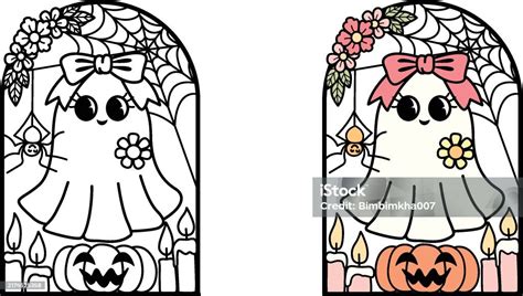 호박 양초 거미 꽃 아치 Diir 프레임 및 거미줄이 있는 귀여운 그루비 할로윈 유령 색칠 페이지 또는 디자인 요소 벡터 일러스트 레이 션 0명에 대한 스톡 벡터 아트 및