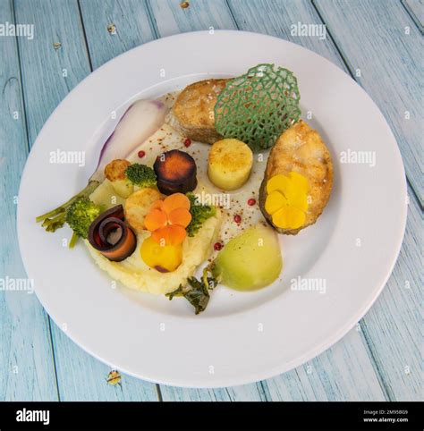 Recipe Of Cod Steak Mashed Potatoes And Its Farandole Of Vegetables Parsnip Turnip Broccoli