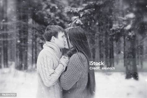 겨울 산책에 사랑스러운 부부 겨울에 공원에서 데이트하는 남자와 여자 겨울 공원의 친구들 걷기에 대한 스톡 사진 및 기타 이미지 걷기 겨울 놀이 Istock