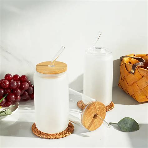 20 Oz 승화 유리 캔 블랭크 젖빛 16 Oz 대나무 뚜껑과 투명 유리 빨대 텀블러 컵 아이스 커피 소다 용 머그