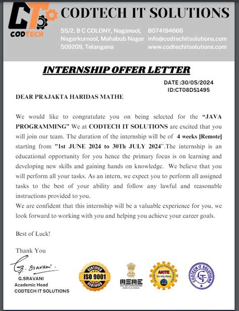 Prajakta Mathe On Linkedin Internship Java Codtechit