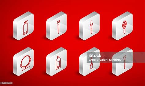 세트 라인 메이크업 브러쉬 피펫 헤어 브러시 마스카라 크림 화장품 튜브 샴푸 병 및 라운드 메이크업 거울 아이콘 벡터 3차원 형태에 대한 스톡 벡터 아트 및 기타 이미지