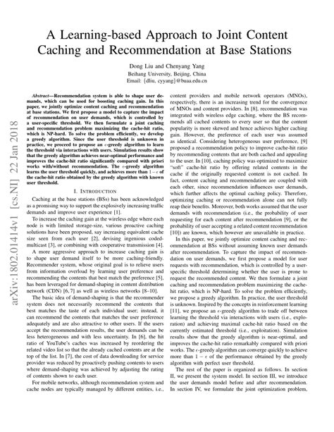 Pdf A Learning Based Approach To Joint Content Caching And Recommendation At Base Stations