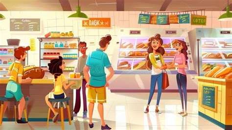 A Cartoon Grocery Shop With People Illustration Of A Man With A Bag Of