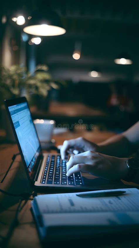Person Types On A Laptop On A Wooden Table In Dim Lighting Stock