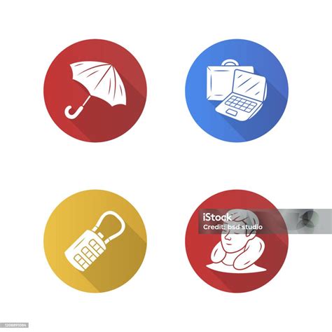 여행 액세서리 플랫 디자인 긴 그림자 문 고 아이콘 세트 우산 휴대용 케이스가 있는 노트북 가방 콤비 네이션 잠금 장치 여행 용 목 베개 관광 장비 벡터 실루엣