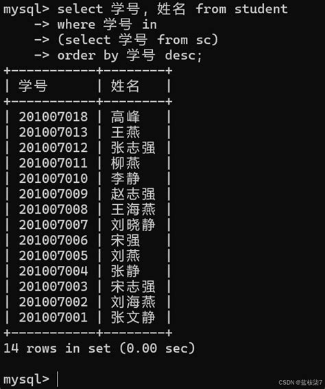 Mysql子查询的应用查询没有选修数据库课程的学生姓名 Csdn博客