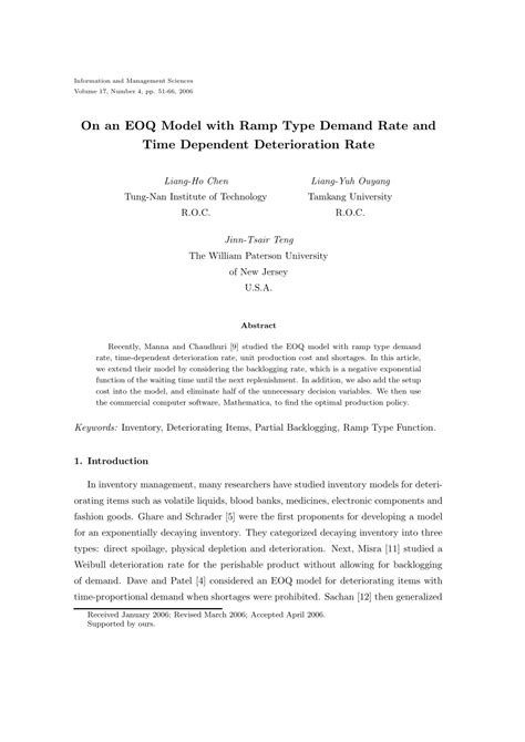 Pdf On An Eoq Model With Ramp Type Demand Rate And Time Dependent Deterioration Rate