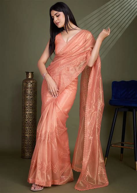 Coral Peach Embroidered Net Scalloped Saree Urban Womania