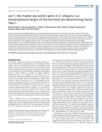 Xol 1 The Master Sex Switch Gene In C Elegans Is A Development