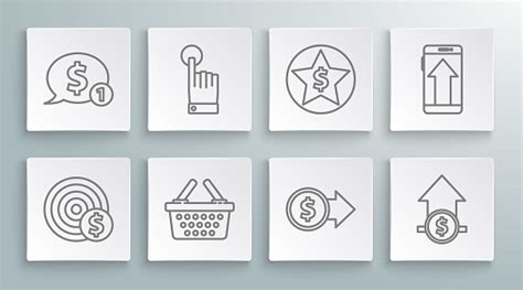 달러 기호 손 터치 및 탭 제스처 장바구니 코인 머니 금융 성장 코인 별 스마트폰 휴대폰 및 말풍선 아이콘으로 라인 대상을 설정합니다 벡터 1위에 대한 스톡 벡터 아트 및