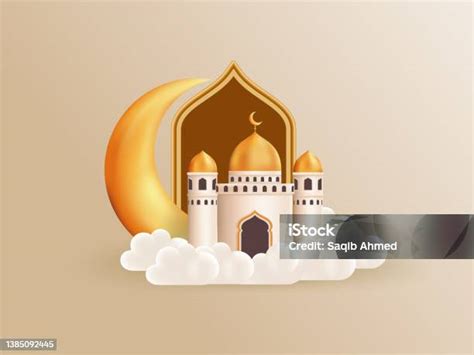 라마단과 이드 무바라크를 위한 초승달과 모스크가 있는 3d 무슬림 휴일 배너 3차원 형태에 대한 스톡 벡터 아트 및 기타 이미지 3차원 형태 Eid Mubarak