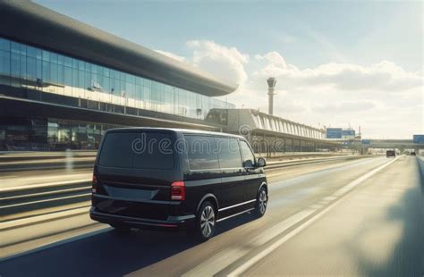 A Black Van Driving On The Highway With An Airport In The Background