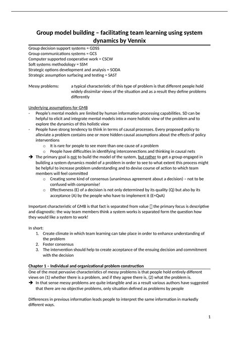 Summary Group Model Building Facilitating Team Learning Using System