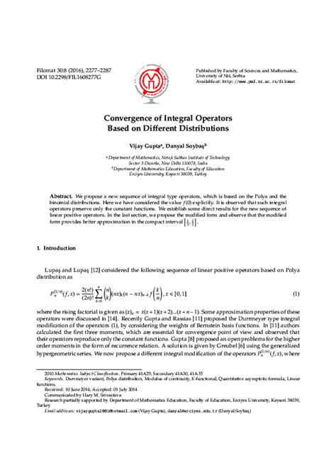 Pdf Convergence Of Integral Operators Based On Different Distributions Danyal Soybaş