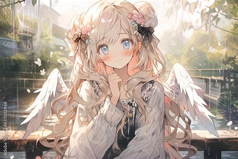 Cute Blushing Anime Girl With Blond Hair And White Angel Wings Stock