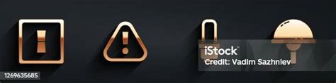 긴 그림자가 있는 전기 조명 스위치 삼각형의 느낌표 Led 전구 및 발광 다이오드 아이콘을 설정합니다 벡터 누름 버튼에 대한 스톡 벡터 아트 및 기타 이미지 Istock