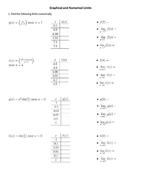 Graphical And Numerical Limits 1 Find The Following Limits