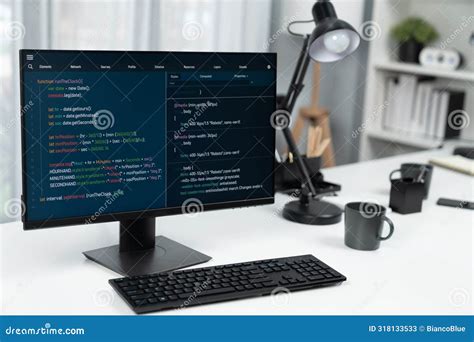 Programming Code On Computer Screen Desktop Placing On Working Desk