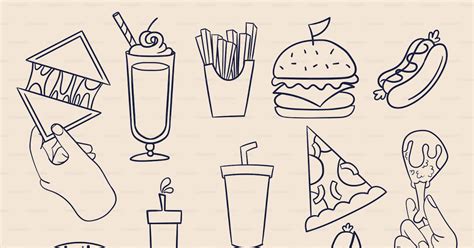 다음은 몇 가지 옵션입니다 개요 형식으로 표시된 패스트 푸드 품목 그려진 패스트 푸드 품목 햄버거 감자 튀김 핫도그 등 다양한 패스트 푸드 및 음료
