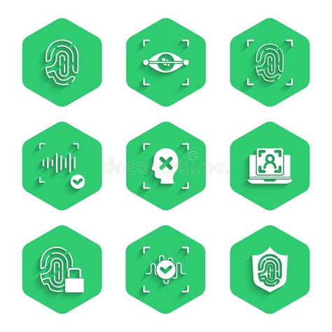 Set Rejection Face Recognition Voice Fingerprint In Shield Laptop With Lock And Icon
