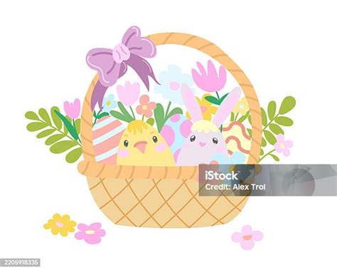 파스텔 톤의 달걀 토끼 병아리 봄꽃으로 가득 찬 귀여운 부활절 바구니 축제 카드 휴일 장식 및 봄 이벤트에 적합합니다 Diy에 대한 스톡 벡터 아트 및 기타 이미지 Istock