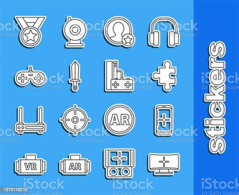세트 라인 컴퓨터 모니터 스마트 폰과 게임에서 재생 퍼즐의 조각 프리미엄은 계정 화면을 만들 에 대한 칼 게임 패드 메달과 조이스틱 아이콘 콘솔 벡터 3위에 대한 스톡 벡터