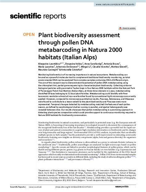 Pdf Plant Biodiversity Assessment Through Pollen Dna Metabarcoding In