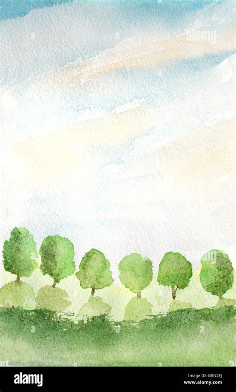 Abstract Background With Trees Grass And Sky Watercolor Illustration Stock Photo Alamy