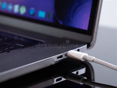 USB Type C Cable Being Connected To The Laptop Computer Fast Charging Concept Power Up A
