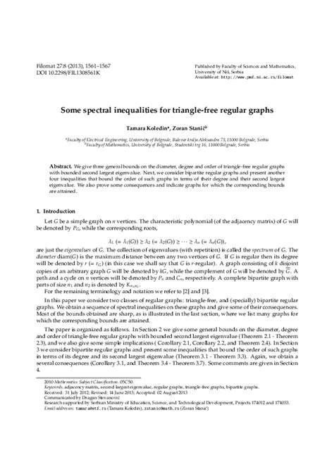Pdf Some Spectral Inequalities For Triangle Free Regular Graphs